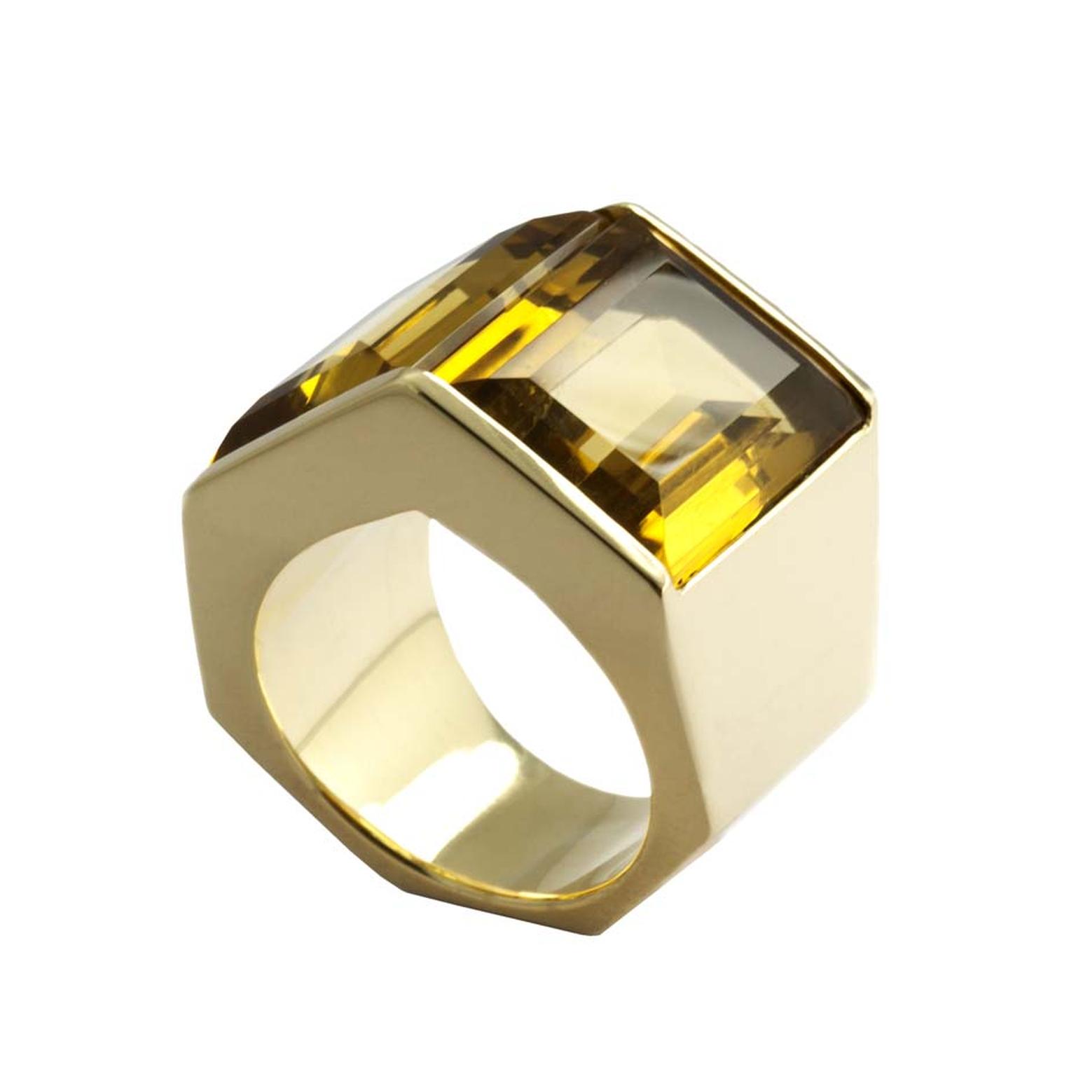 Polygon Tall yellow gold and citrine ring | Kattri | The Jewellery Editor